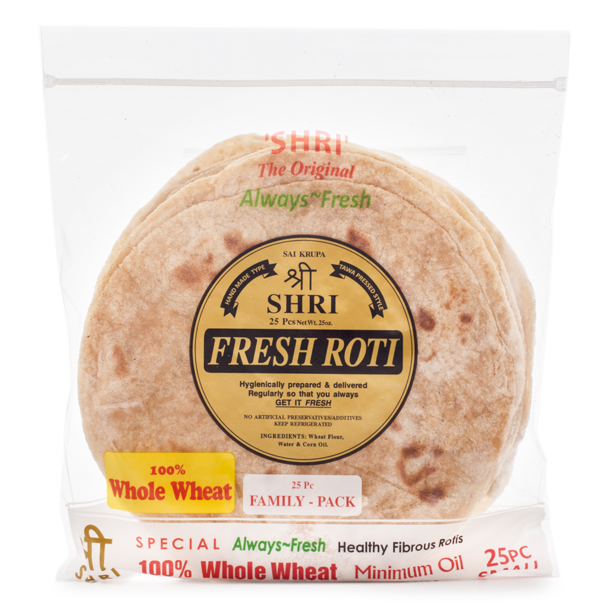 Shri – Roti Whole Wheat FAMILY (BIG) ll 1 pack (25 piece) – Mahifoods